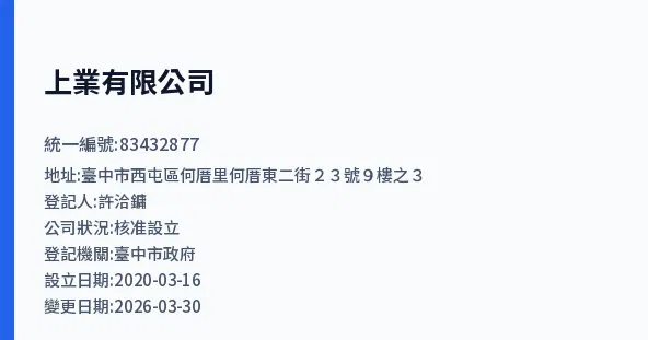 上業有限公司的照片-統編 83432877(臺中市) 公司登記資料與營業項目詳細圖表