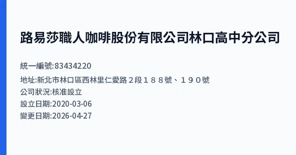 路易莎職人咖啡股份有限公司林口高中分公司的照片-統編 83434220(新北市) 公司登記資料與營業項目詳細圖表
