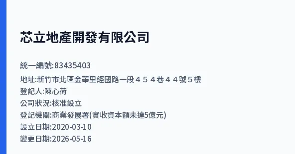 芯立地產開發有限公司的照片-統編 83435403(新竹市) 公司登記資料與營業項目詳細圖表