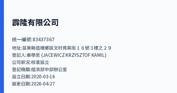 霹隆有限公司的照片-統編 83437367(苗栗縣) 公司登記資料與營業項目詳細圖表