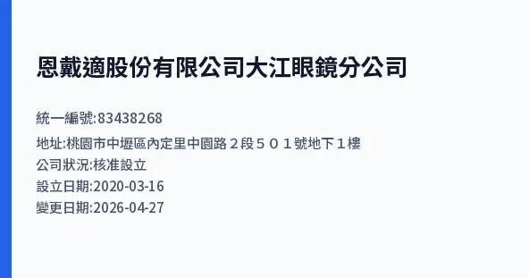 恩戴適股份有限公司大江眼鏡分公司的照片-統編 83438268(桃園市) 公司登記資料與營業項目詳細圖表