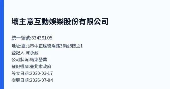 壞主意互動娛樂股份有限公司的照片-統編 83439105(臺北市) 公司登記資料與營業項目詳細圖表