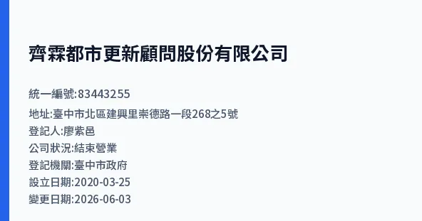 齊霖都市更新顧問股份有限公司的照片-統編 83443255(臺中市) 公司登記資料與營業項目詳細圖表