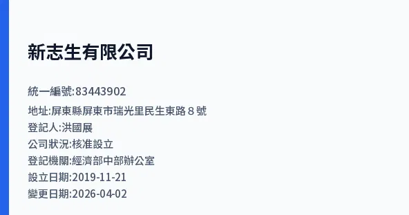 新志生有限公司的照片-統編 83443902(屏東縣) 公司登記資料與營業項目詳細圖表