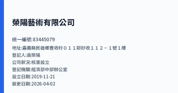 榮陽藝術有限公司的照片-統編 83445079(嘉義縣) 公司登記資料與營業項目詳細圖表