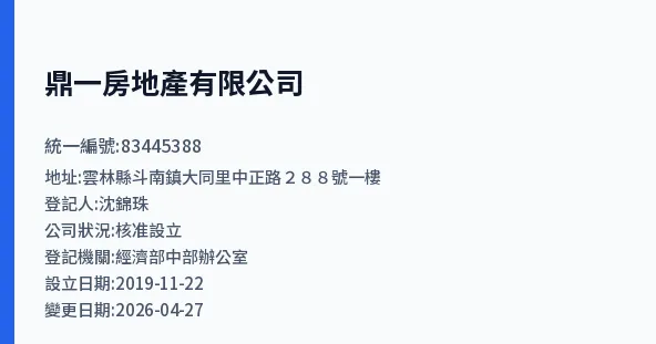 鼎一房地產有限公司的照片-統編 83445388(雲林縣) 公司登記資料與營業項目詳細圖表