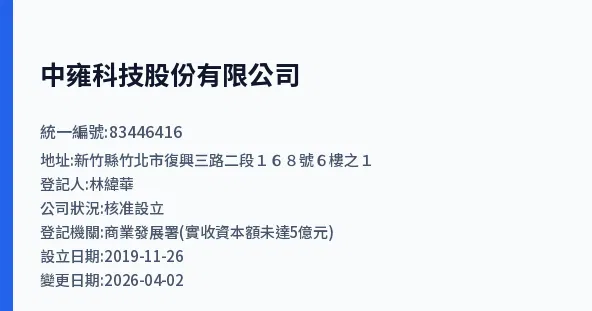 中雍科技股份有限公司的照片-統編 83446416(新竹縣) 公司登記資料與營業項目詳細圖表