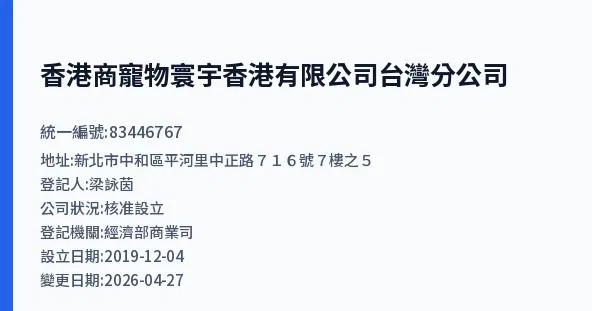香港商寵物寰宇香港有限公司台灣分公司的照片-統編 83446767(新北市) 公司登記資料與營業項目詳細圖表