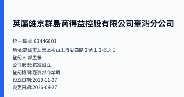 英屬維京群島商得益控股有限公司臺灣分公司的照片-統編 83446801(高雄市) 公司登記資料與營業項目詳細圖表