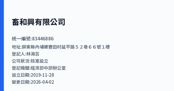 畜和興有限公司的照片-統編 83446886(屏東縣) 公司登記資料與營業項目詳細圖表