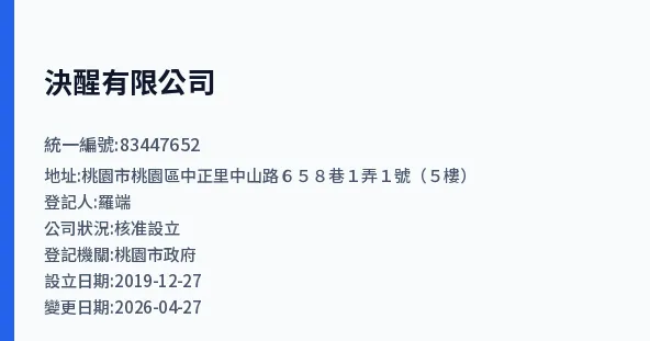 決醒有限公司的照片-統編 83447652(桃園市) 公司登記資料與營業項目詳細圖表