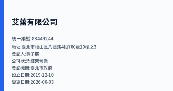 艾蕾有限公司的照片-統編 83449244(臺北市) 公司登記資料與營業項目詳細圖表