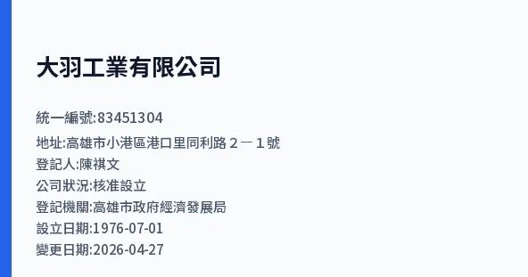 大羽工業有限公司的照片-統編 83451304(高雄市) 公司登記資料與營業項目詳細圖表