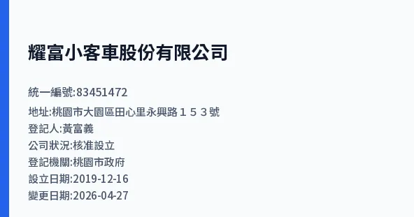 耀富小客車股份有限公司的照片-統編 83451472(桃園市) 公司登記資料與營業項目詳細圖表
