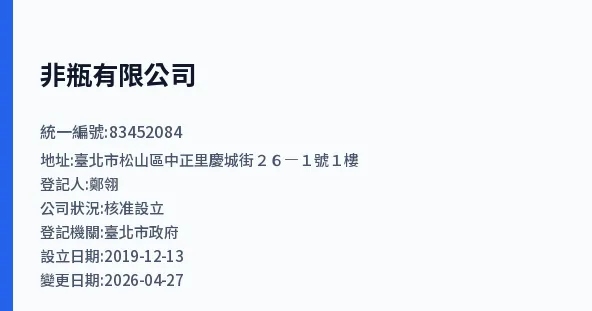 非瓶股份有限公司的照片-統編 83452084(臺北市) 公司登記資料與營業項目詳細圖表