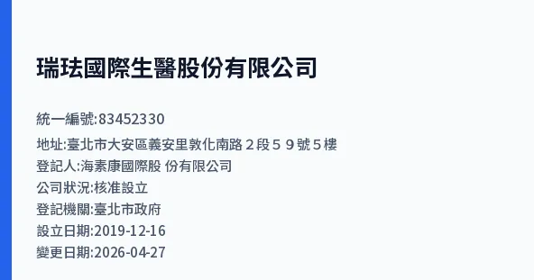 瑞珐國際生醫股份有限公司的照片-統編 83452330(臺北市) 公司登記資料與營業項目詳細圖表