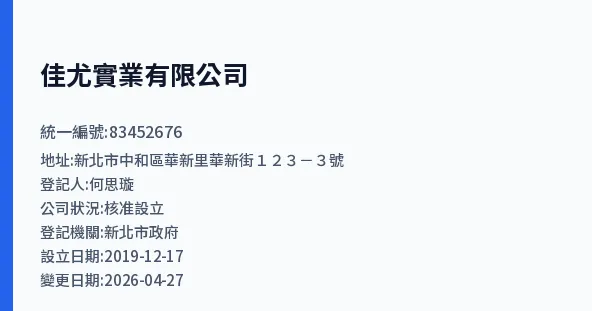 佳尤實業有限公司的照片-統編 83452676(新北市) 公司登記資料與營業項目詳細圖表