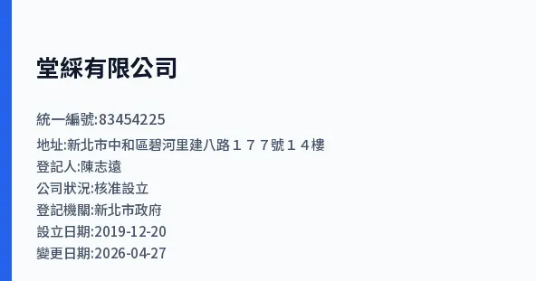 堂綵有限公司的照片-統編 83454225(新北市) 公司登記資料與營業項目詳細圖表