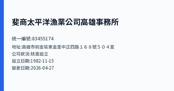 斐商太平洋漁業公司高雄事務所的照片-統編 83455174(高雄市) 公司登記資料與營業項目詳細圖表