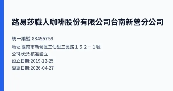 路易莎職人咖啡股份有限公司台南新營分公司的照片-統編 83455759(臺南市) 公司登記資料與營業項目詳細圖表
