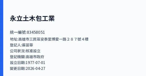 永立土木包工業的照片-統編 83458051(高雄市) 公司登記資料與營業項目詳細圖表