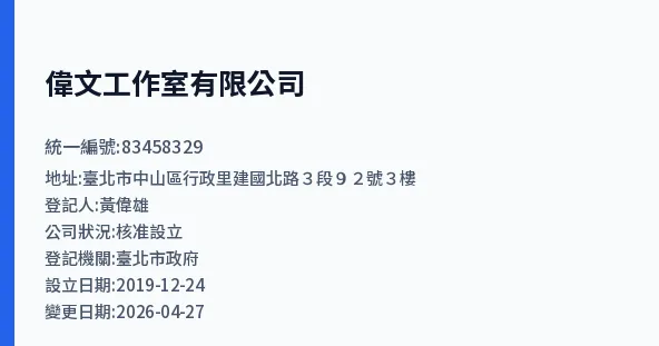 偉文工作室有限公司的照片-統編 83458329(臺北市) 公司登記資料與營業項目詳細圖表