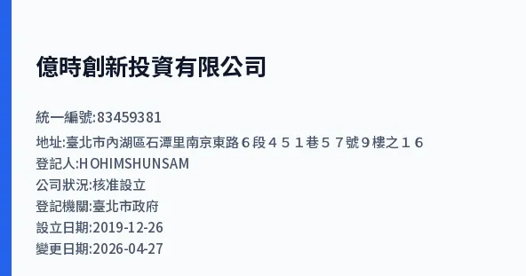 億時創新投資有限公司的照片-統編 83459381(臺北市) 公司登記資料與營業項目詳細圖表