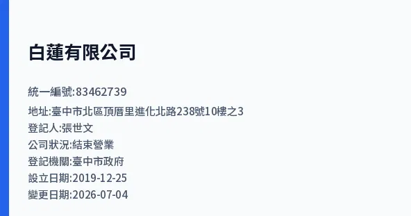 白蓮有限公司的照片-統編 83462739(臺中市) 公司登記資料與營業項目詳細圖表