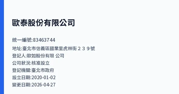 歐泰股份有限公司的照片-統編 83463744(臺北市) 公司登記資料與營業項目詳細圖表