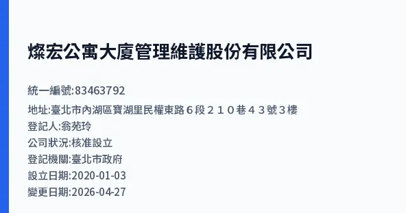燦宏公寓大廈管理維護股份有限公司的照片-統編 83463792(臺北市) 公司登記資料與營業項目詳細圖表