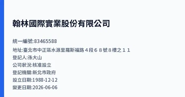 翰林國際實業股份有限公司的照片-統編 83465588(臺北市) 公司登記資料與營業項目詳細圖表