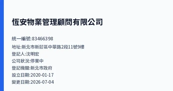恆安物業管理顧問有限公司的照片-統編 83466398(新北市) 公司登記資料與營業項目詳細圖表