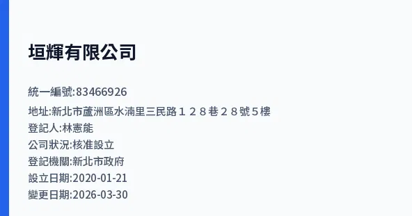 垣輝有限公司的照片-統編 83466926(新北市) 公司登記資料與營業項目詳細圖表