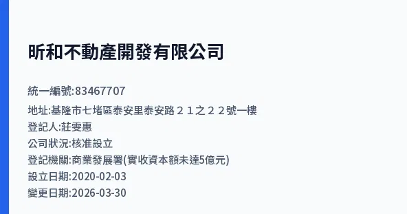 昕和不動產開發有限公司的照片-統編 83467707(基隆市) 公司登記資料與營業項目詳細圖表
