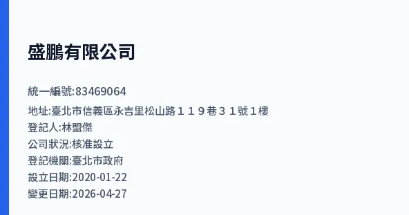 盛鵬有限公司的照片-統編 83469064(臺北市) 公司登記資料與營業項目詳細圖表