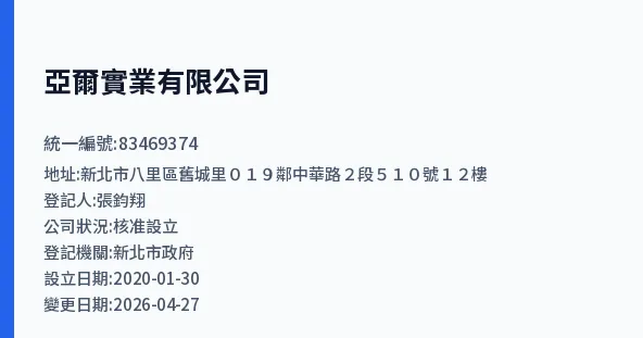 亞爾實業有限公司的照片-統編 83469374(新北市) 公司登記資料與營業項目詳細圖表