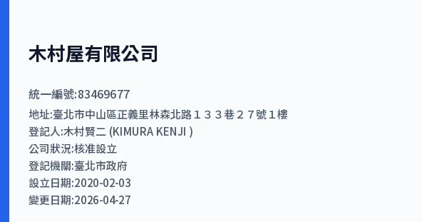 木村屋有限公司的照片-統編 83469677(臺北市) 公司登記資料與營業項目詳細圖表