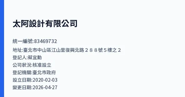太阿設計有限公司的照片-統編 83469732(臺北市) 公司登記資料與營業項目詳細圖表