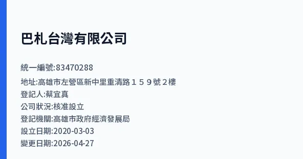 巴札台灣有限公司的照片-統編 83470288(高雄市) 公司登記資料與營業項目詳細圖表
