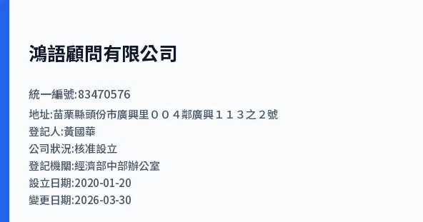 鴻語顧問有限公司的照片-統編 83470576(苗栗縣) 公司登記資料與營業項目詳細圖表