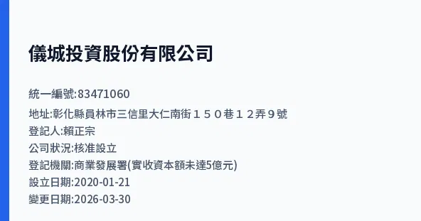 儀城投資股份有限公司的照片-統編 83471060(彰化縣) 公司登記資料與營業項目詳細圖表