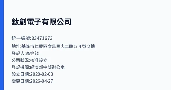 鈦創電子有限公司的照片-統編 83471673(基隆市) 公司登記資料與營業項目詳細圖表