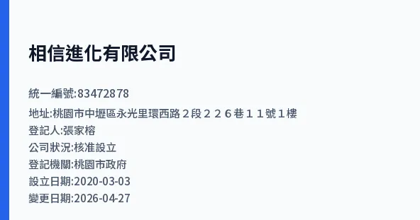 相信進化有限公司的照片-統編 83472878(桃園市) 公司登記資料與營業項目詳細圖表