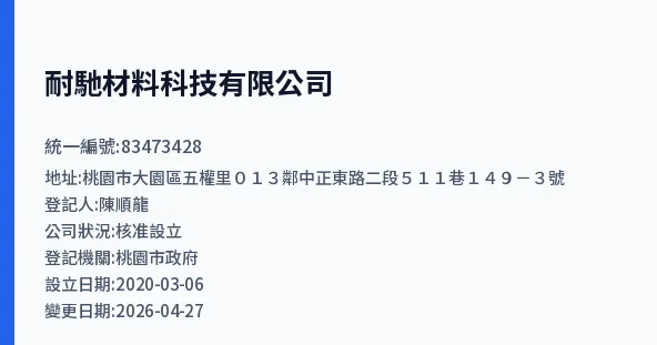 耐馳材料科技有限公司的照片-統編 83473428(桃園市) 公司登記資料與營業項目詳細圖表