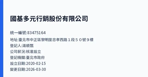 國基多元行銷股份有限公司的照片-統編 83475164(臺北市) 公司登記資料與營業項目詳細圖表