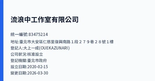流浪中工作室有限公司的照片-統編 83475214(臺北市) 公司登記資料與營業項目詳細圖表