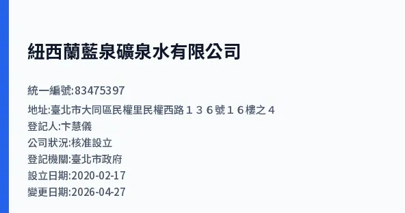 紐西蘭藍泉礦泉水有限公司的照片-統編 83475397(臺北市) 公司登記資料與營業項目詳細圖表