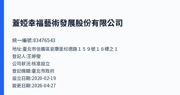 蓋婭幸福藝術發展股份有限公司的照片-統編 83476543(臺北市) 公司登記資料與營業項目詳細圖表