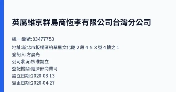 英屬維京群島商恆孝有限公司台灣分公司的照片-統編 83477753(新北市) 公司登記資料與營業項目詳細圖表