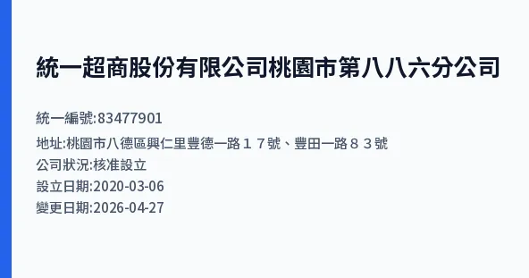 統一超商股份有限公司桃園市第八八六分公司的照片-統編 83477901(桃園市) 公司登記資料與營業項目詳細圖表